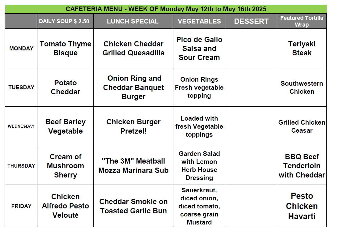 LRATC Cafeteria Menu - May 12th to 16th